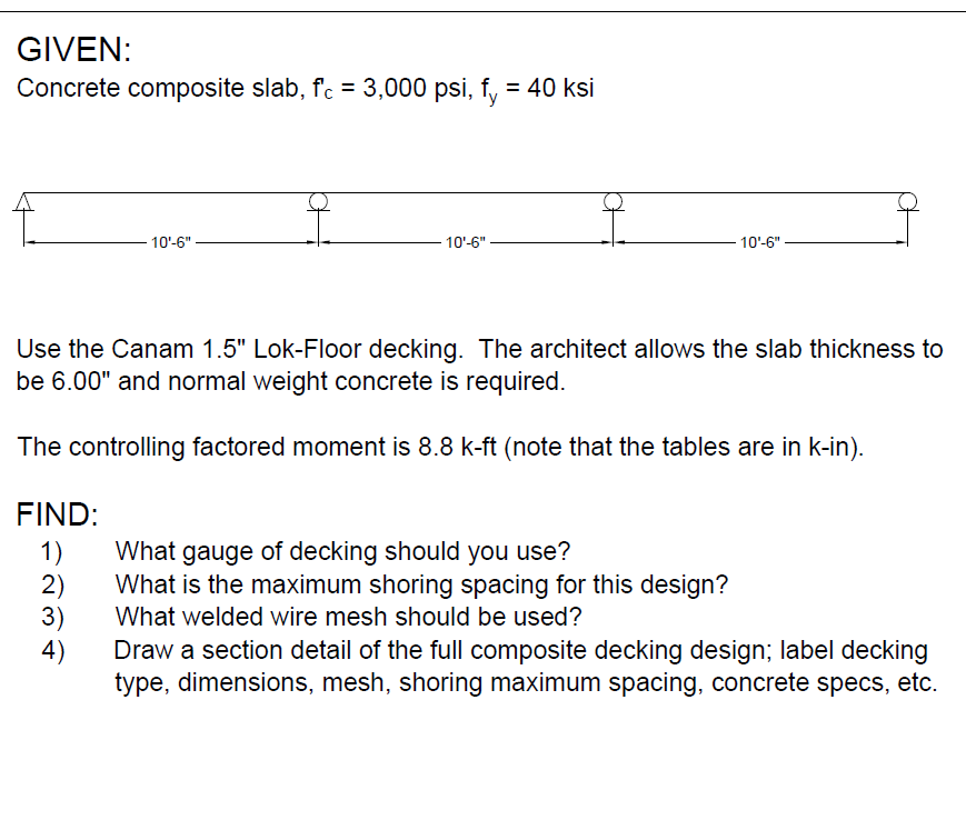 GIVEN: Concrete composite slab, fc′=3,000psi,fy=40ksi | Chegg.com