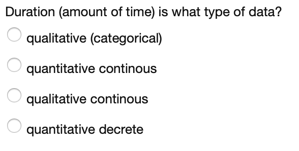 Solved Duration (amount of time) is what type of data? | Chegg.com