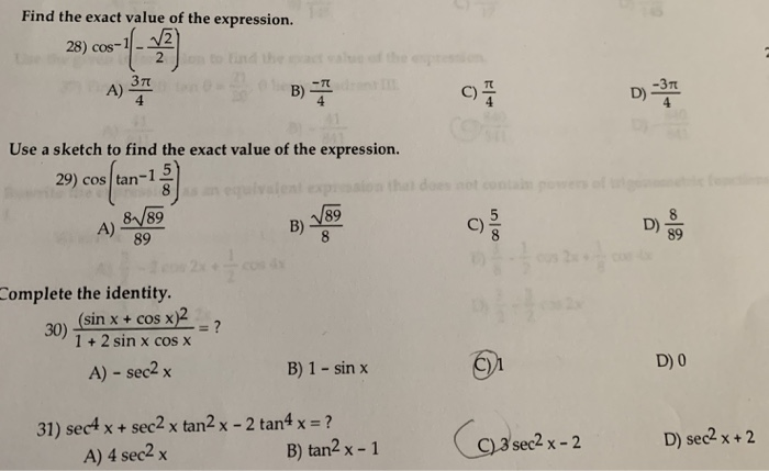 Solved Find the exact value of the expression. 28) cos1-2 B) | Chegg.com