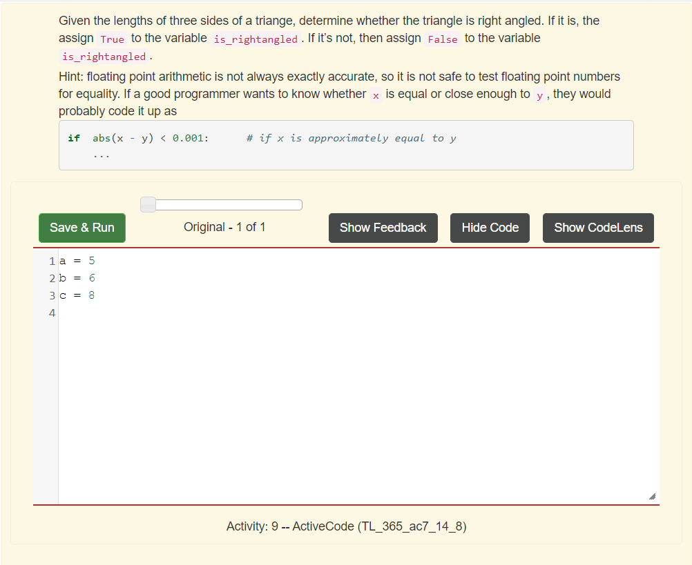 Solved Given the lengths of three sides of a triange, | Chegg.com