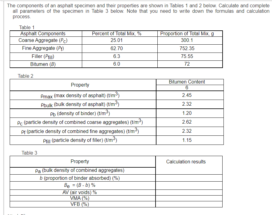 Solved The components of an asphalt specimen and their | Chegg.com