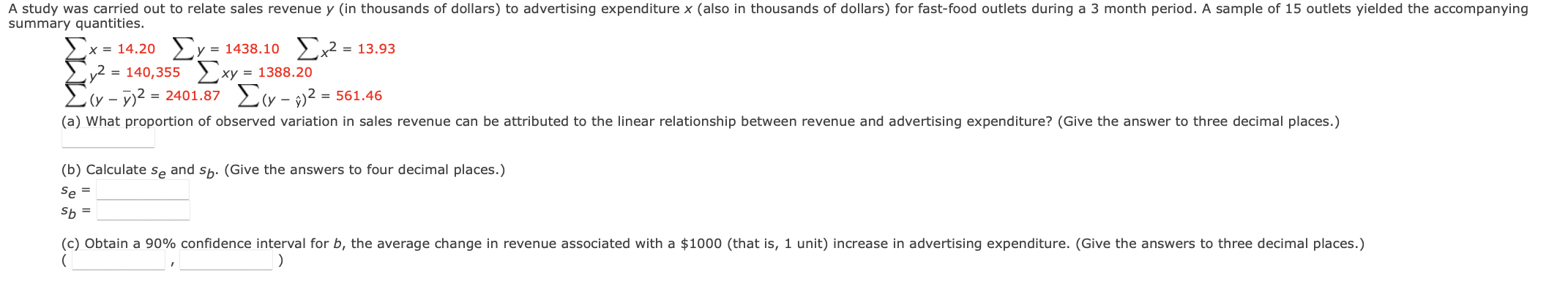 Solved summary quantities. | Chegg.com