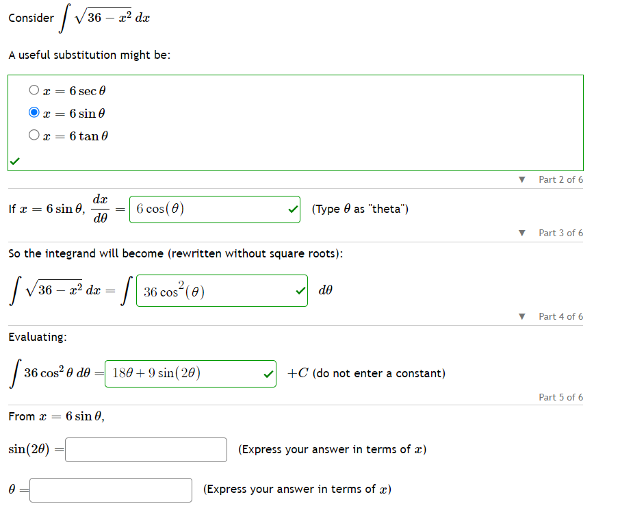 Solved Consider ∫﻿﻿36-x22dxA useful substitution might | Chegg.com