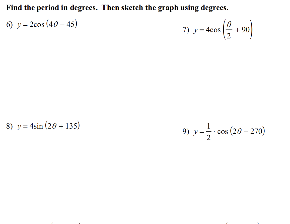 Solved Find the period in degrees. Then sketch the graph | Chegg.com