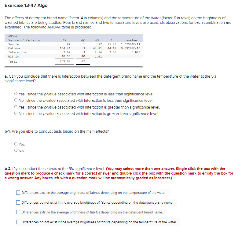 Solved Exercise 13-47 Algo The effects of detergent brand | Chegg.com