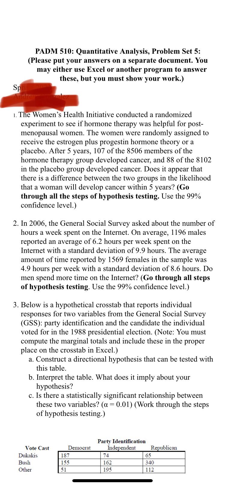 Solved PADM 510: Quantitative Analysis, Problem Set 5: | Chegg.com