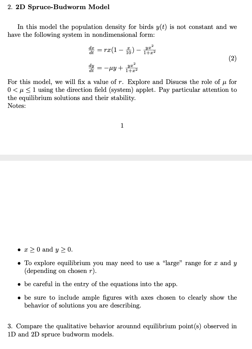Solved 2. 2D Spruce-Budworm Model In this model the | Chegg.com