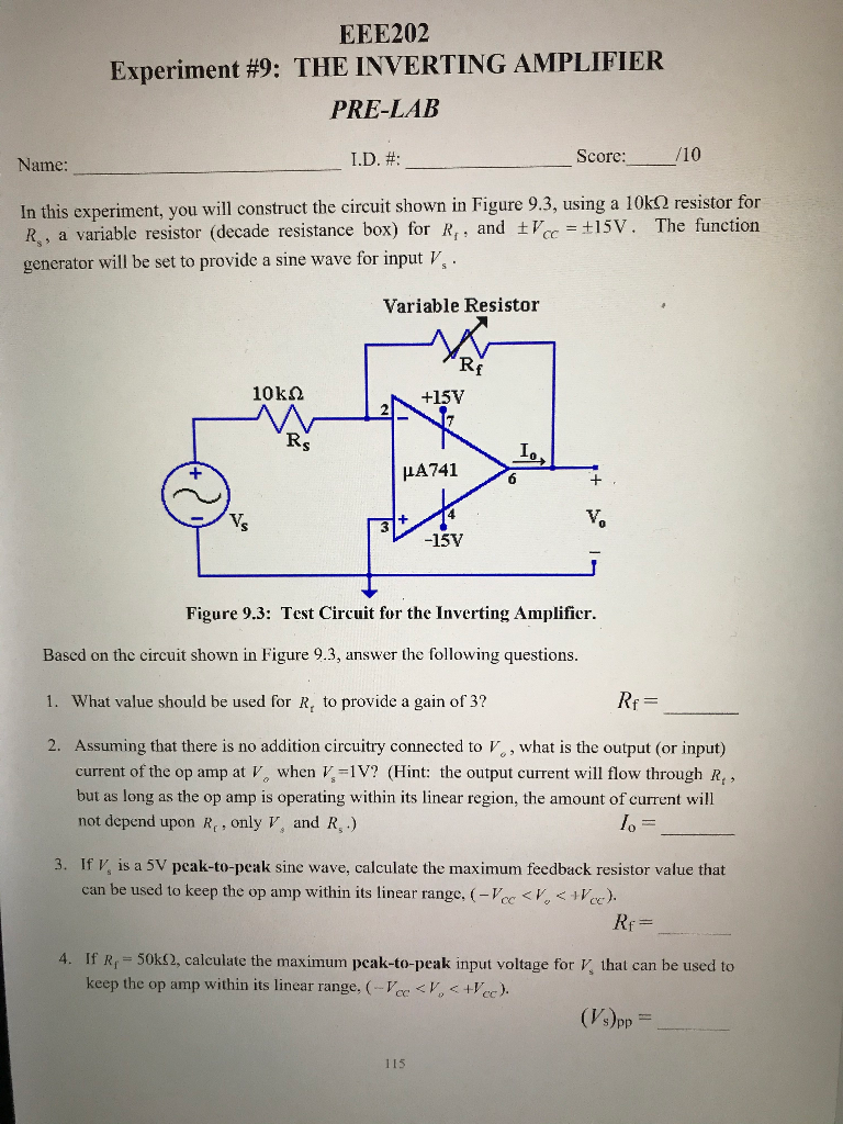 Solved EEE202 Experiment #9: THE INVERTING AMPLIFIER PRE-LAB | Chegg.com