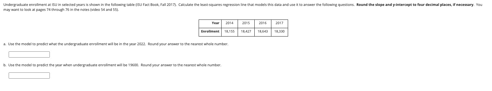 Solved Undergraduate enrollment at ISU in selected years is | Chegg.com
