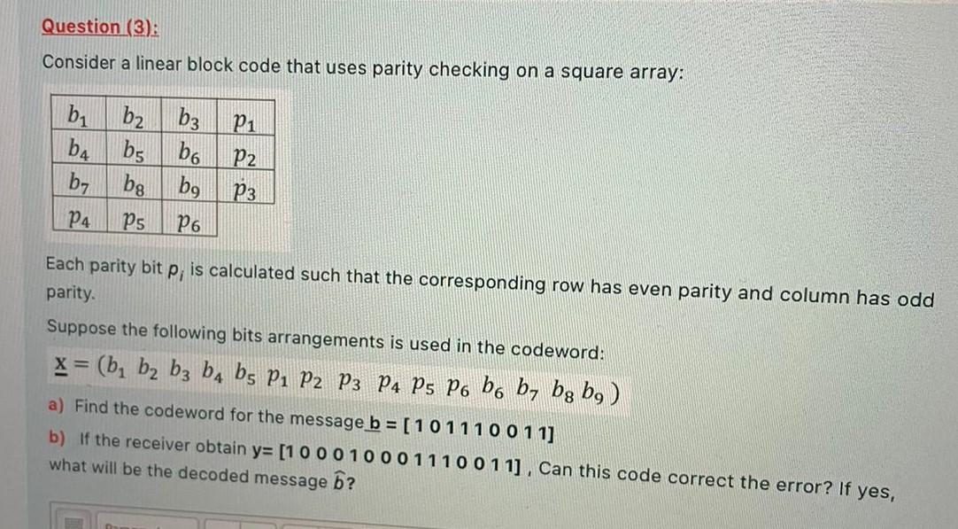 Solved Question 3 Consider A Linear Block Code That Uses 