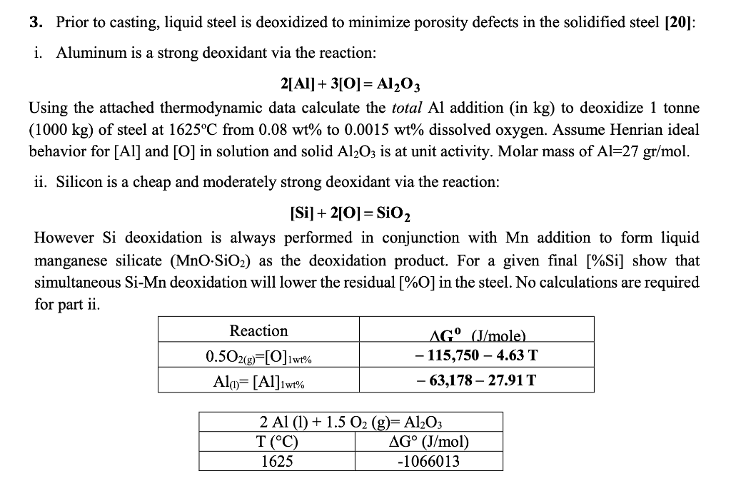 3. Prior to casting, liquid steel is deoxidized to | Chegg.com