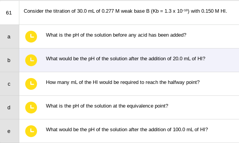 Solved Consider the titration of 30.0 mL of 0.277M weak base | Chegg.com