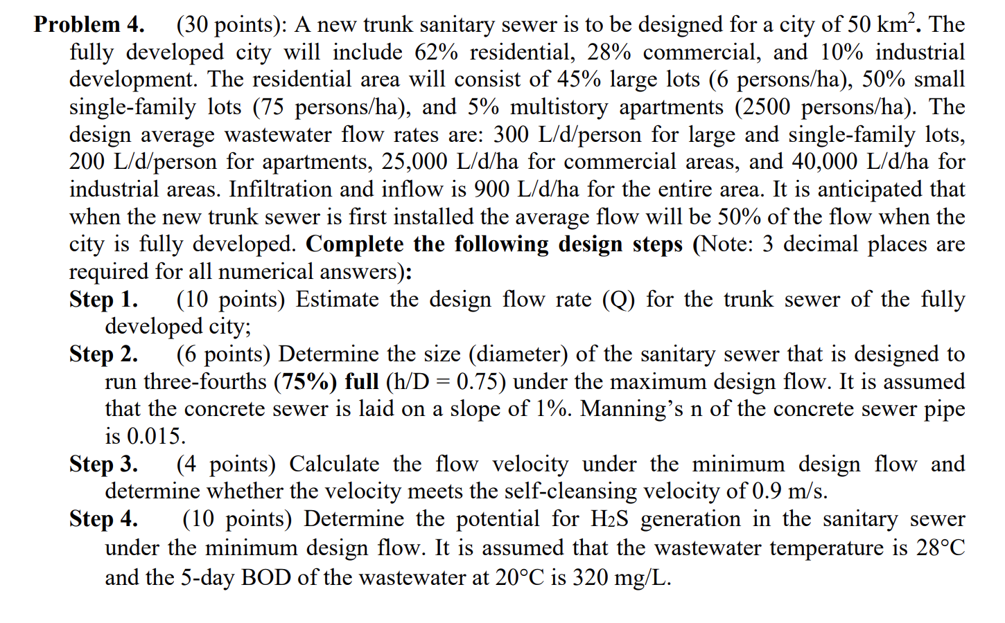 Solved Problem 4. (30 points): A new trunk sanitary sewer is | Chegg.com