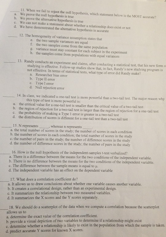 Solved 11. When we fail to reject the null hypothesis, which | Chegg.com