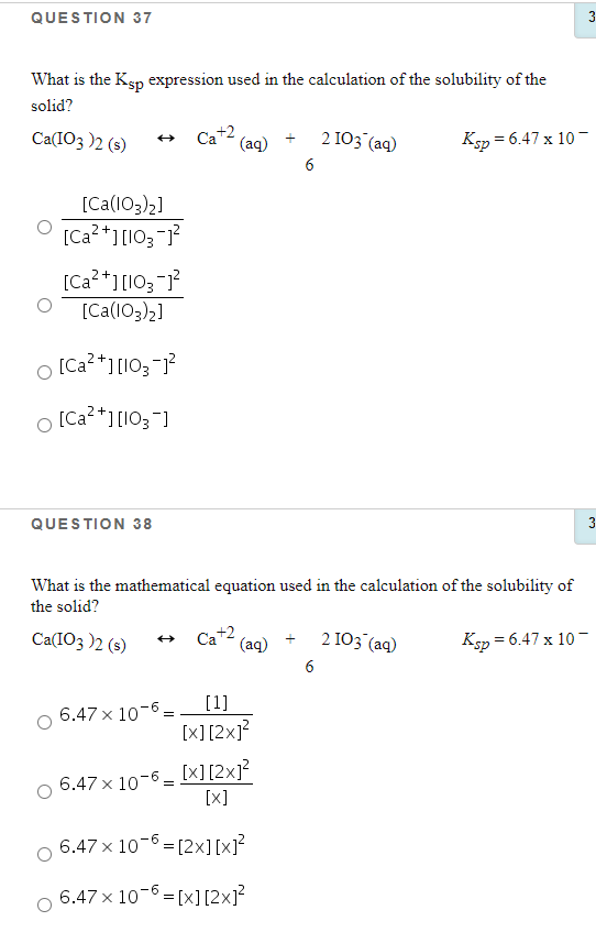 Solved QUESTION 37 3 What is the Ksp expression used in the | Chegg.com