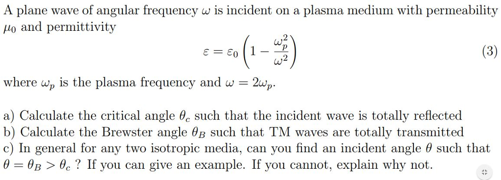 Solved A plane wave of angular frequency ω is incident on a | Chegg.com