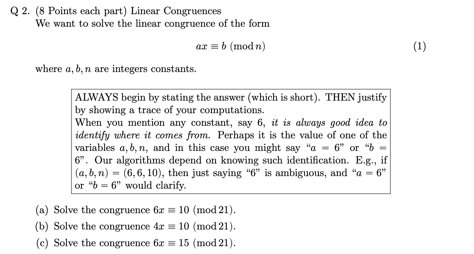 Solved Q 2. (8 Points each part) Linear Congruences We want | Chegg.com