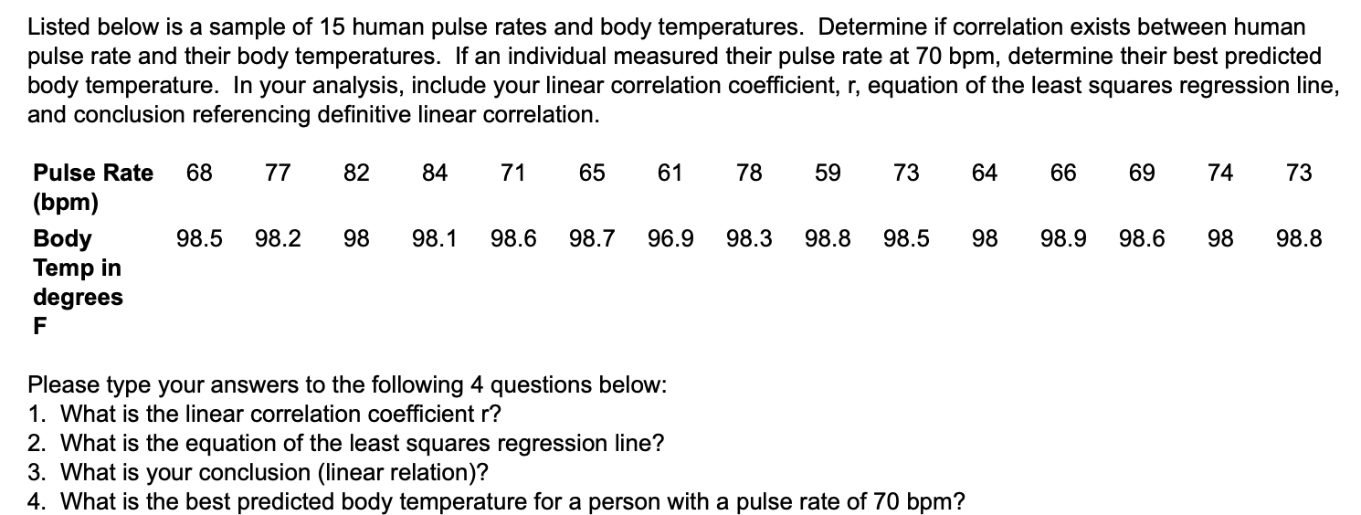 Solved Listed below is a sample of 15 human pulse rates and | Chegg.com