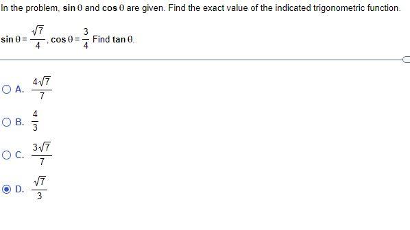 Solved In the problem, sin 0 and cos 0 are given. Find the | Chegg.com