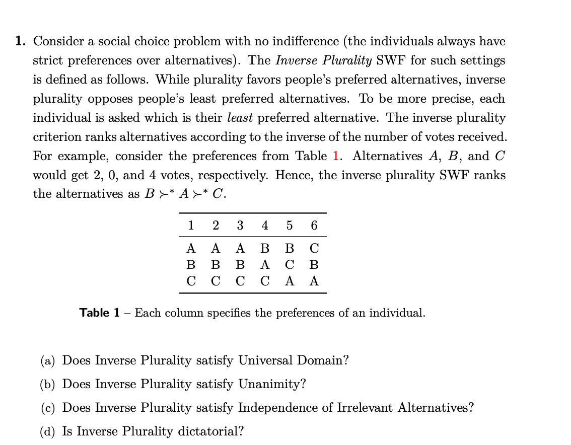 Solved Consider a social choice problem with no indifference | Chegg.com