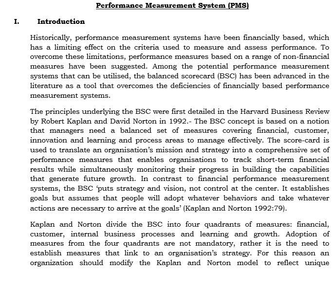 Solved I. Performance Measurement System (PMS) Introduction | Chegg.com
