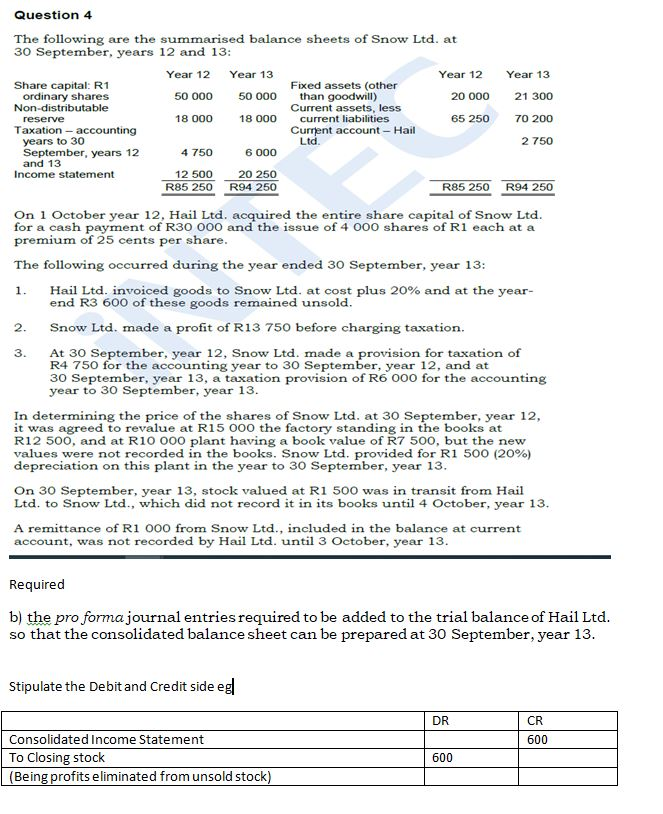 Year 13 Question 4 The following are the summarised | Chegg.com
