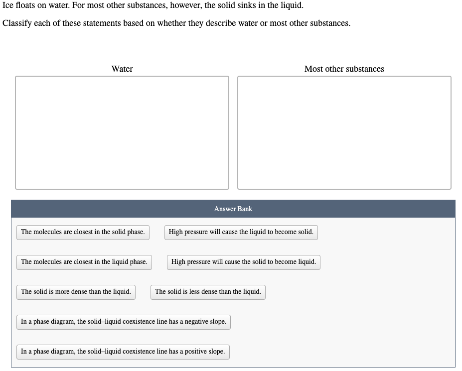 Solved Ice floats on water. For most other substances, | Chegg.com