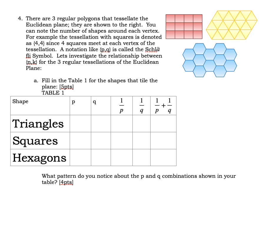 Solved 4. There are 3 regular polygons that tessellate the | Chegg.com