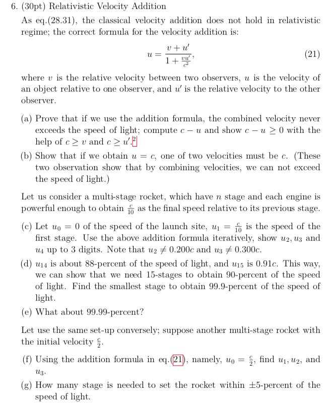 Solved 6. (30pt) Relativistic Velocity Addition As | Chegg.com