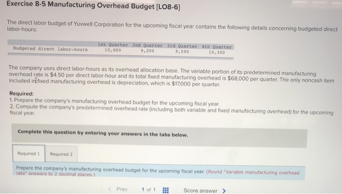 Solved Exercise 8-5 Manufacturing Overhead Budget [LO8-6) | Chegg.com Solved Exercise 8-5 Manufacturing Overhead Budget [LO8-6) | Chegg.com