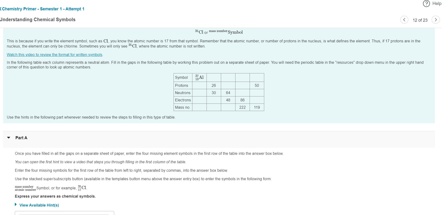 Solved ?35Cl ﻿or ?mass number ﻿Symbolnucleus, the element | Chegg.com
