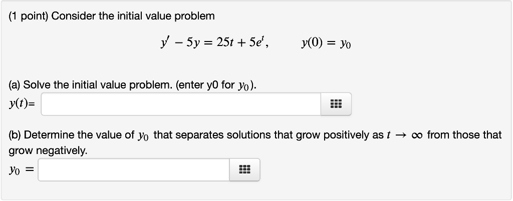 Solved (1 point) Consider the initial value problem y – 5y = | Chegg.com
