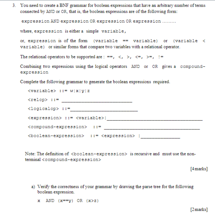 Solved 3. You need to create a BNF grammar for boolean | Chegg.com