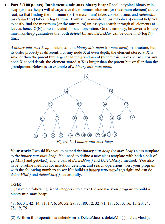 Part 2 (100 points). Implement a min-max binary heap: | Chegg.com