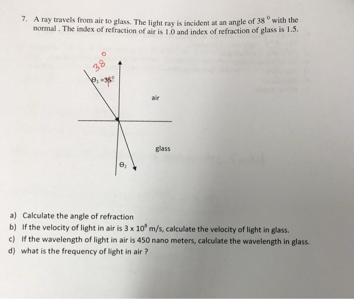 Solved 7. A ray travels from air to glass. The light ray is | Chegg.com
