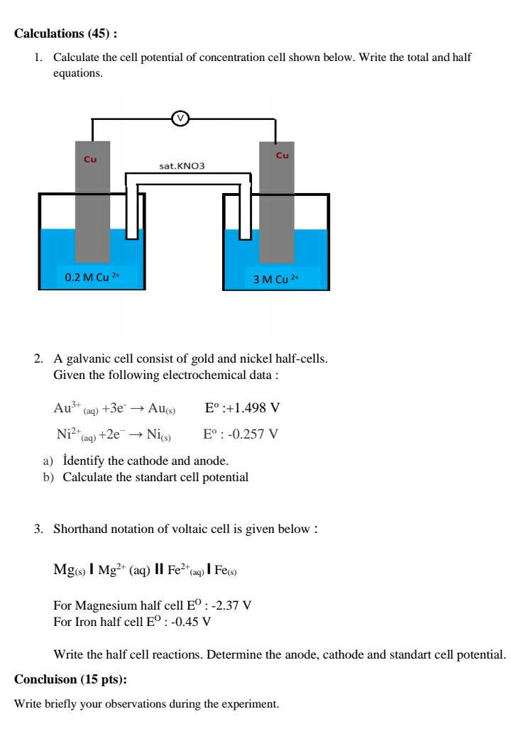 Solved Calculations (45) : 1. Calculate the cell potential | Chegg.com