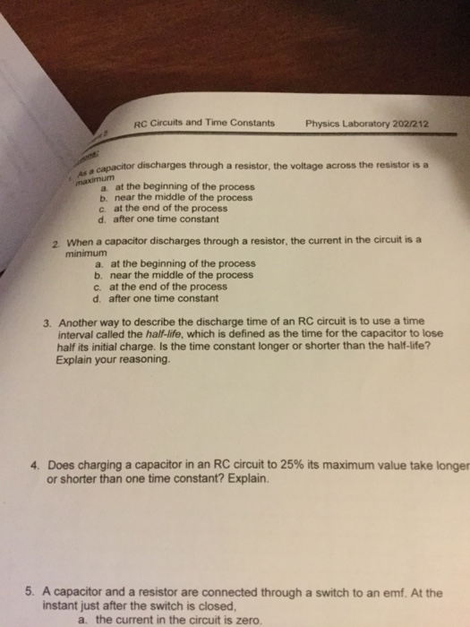 Solved RC Circuits and Time Constants Physics Laboratory | Chegg.com