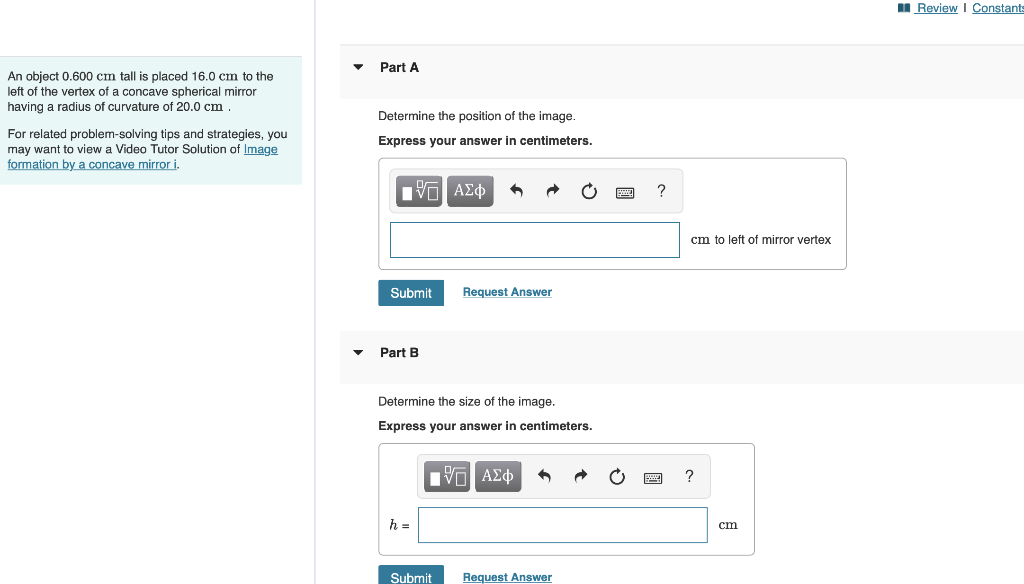 Solved Review Constants Part A An object 0.600 cm tall is | Chegg.com