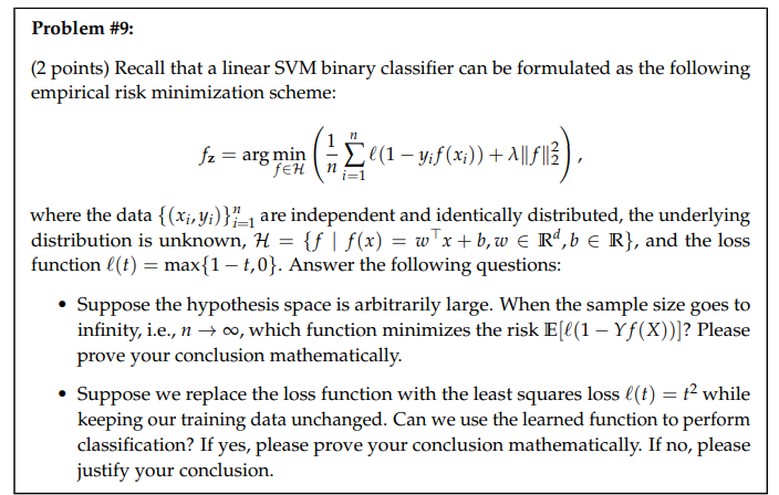 Solved Problem #9:(2 ﻿points) ﻿Recall that a linear SVM | Chegg.com