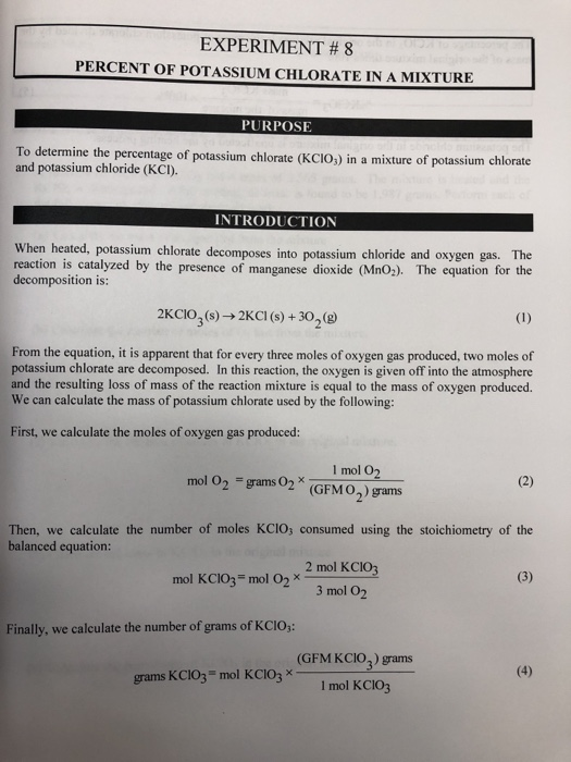 Solved EXPERIMENT # 8 PERCENT OF POTASSIUM CHLORATE IN A | Chegg.com