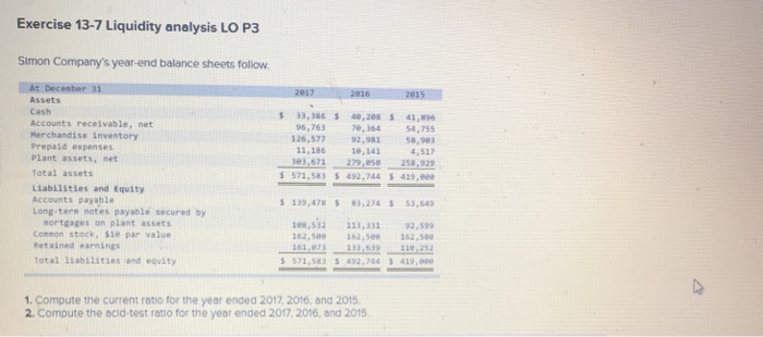 Solved Exercise 13-7 Liquidity analysis LO P3 Simon | Chegg.com