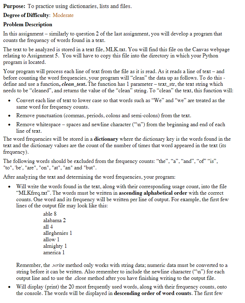 Solved Purpose: To practice using dictionaries, lists and | Chegg.com