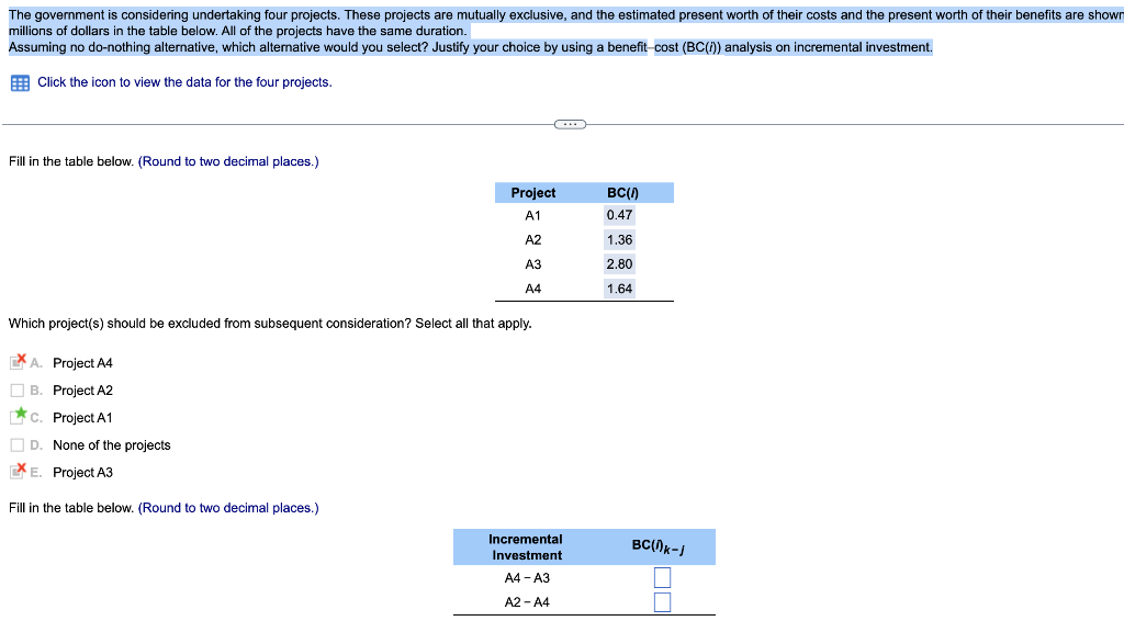 Solved The government is considering undertaking four | Chegg.com