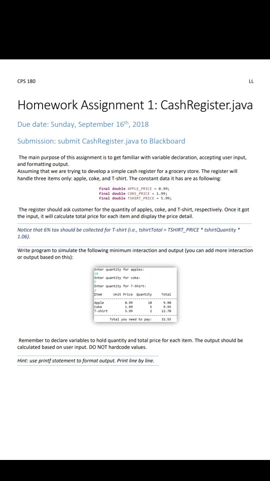 Solved CPS 180 Homework Assignment 1: CashRegister.java Due | Chegg.com