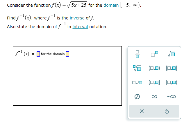 Solved Consider the function f(x)=5x+25 for the domain | Chegg.com