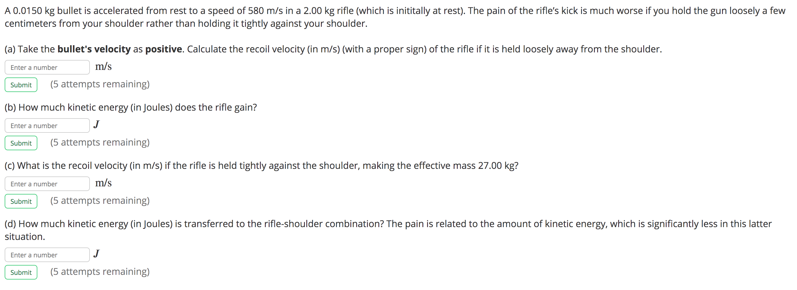 Solved A 0.0150 kg bullet is accelerated from rest to a | Chegg.com