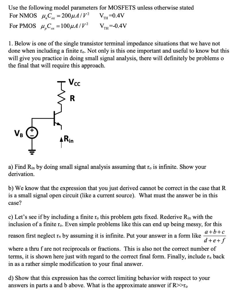Solved Use the following model parameters for MOSFETS unless | Chegg.com