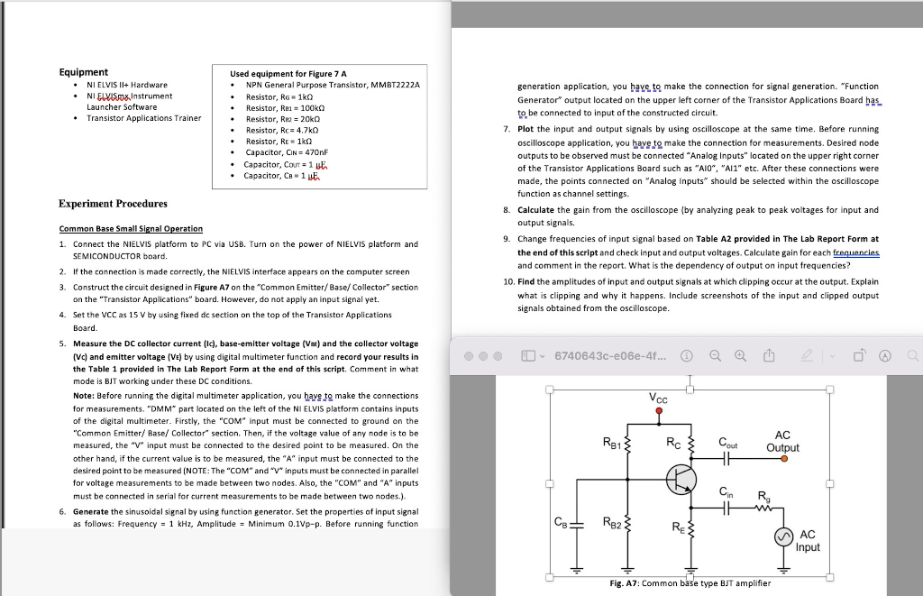 Experiment Procedures Common Base Small Signal | Chegg.com