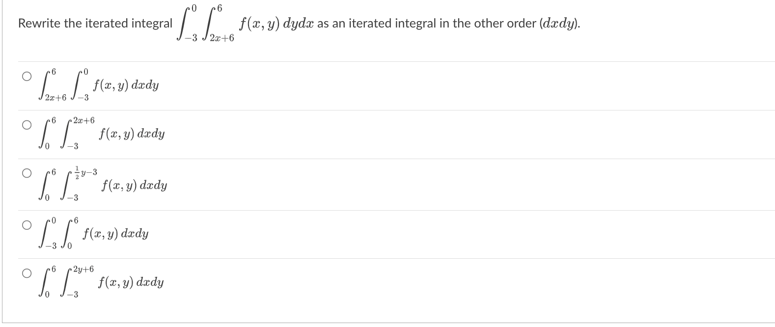 Solved Rewrite the iterated integral ∫−30∫2x+66f(x,y)dydx as | Chegg.com