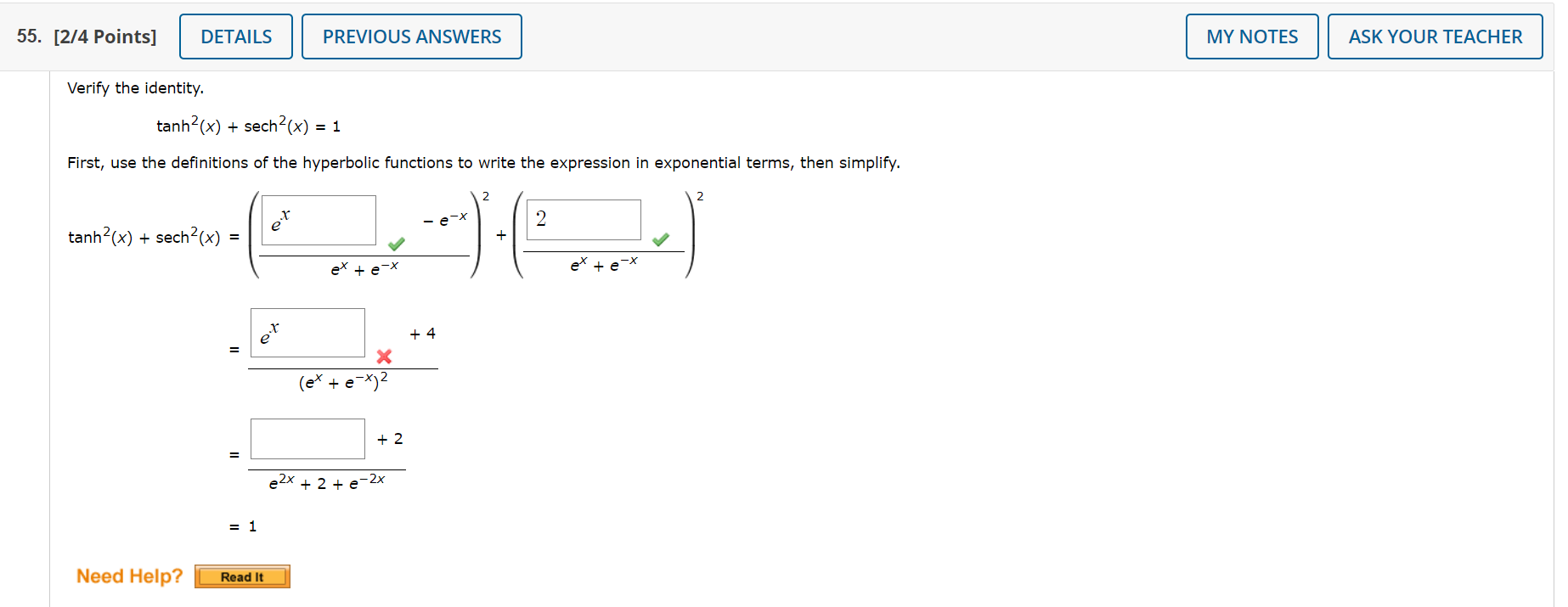 Solved Verify the identity. tanh2(x)+sech2(x)=1 First, use | Chegg.com